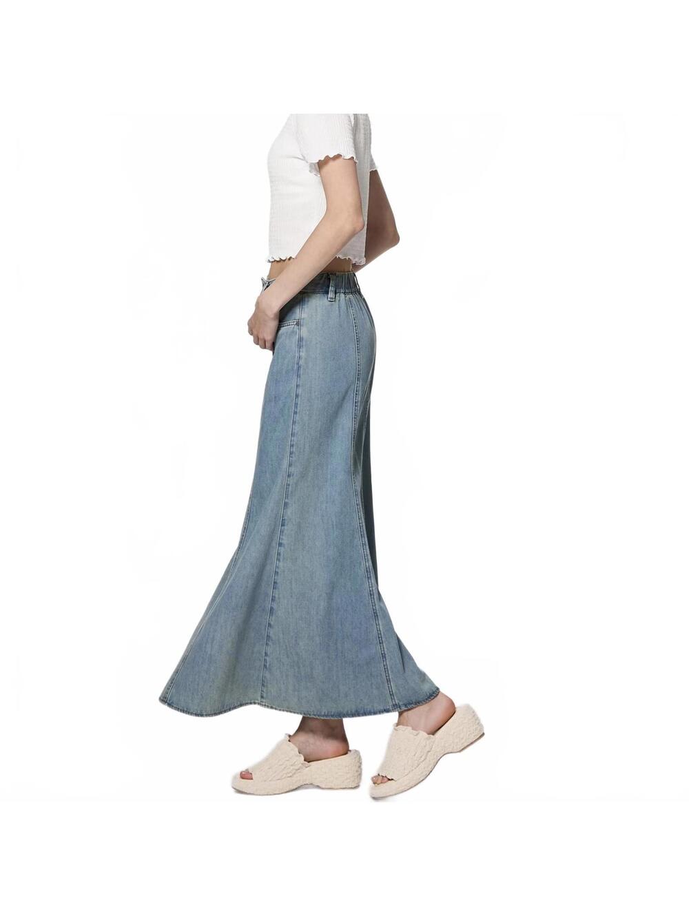 Uniqlo | Skirts | Uniqlo Gu Light Denim Flared Maxi Skirt Blue Xs ...